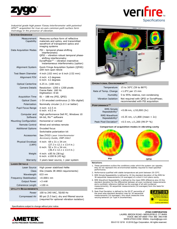 Zygo - Model Verifire - Laser Interferometer System - Specifications ...