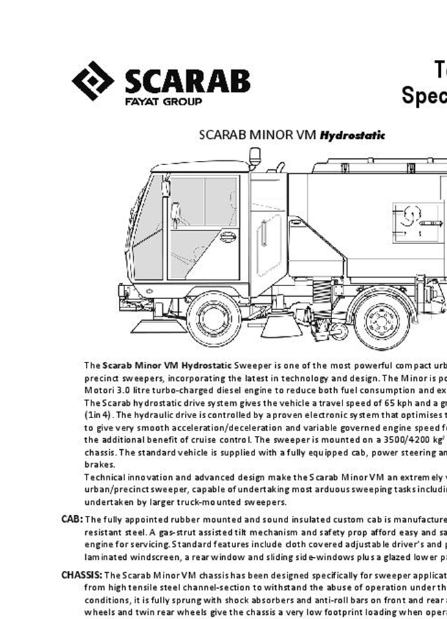Scarab - Minor Compact Road Sweeper Technical Specification