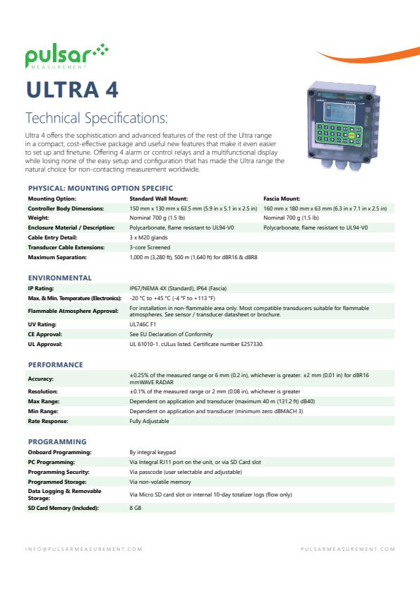 Pulsar - Model Ultra 4 - Advanced Ultrasonic Level, Flow, Volume and ...