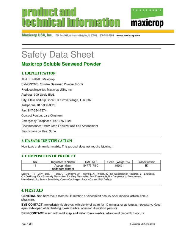 Maxicrop - Seaweed Soluble Powder Safety Data Sheet