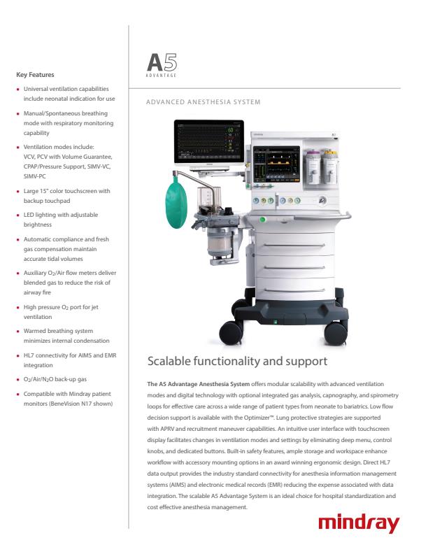 Mindray - Model A5 - Advanced Anesthesia Machine - Brochure