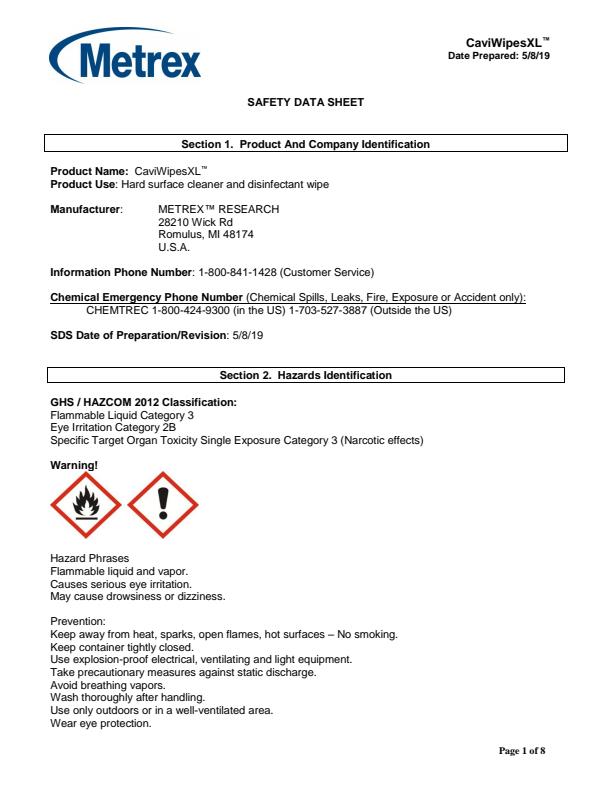 Metrex CaviWipes - Surface Disinfectants - Safety Data Sheets (SDS)