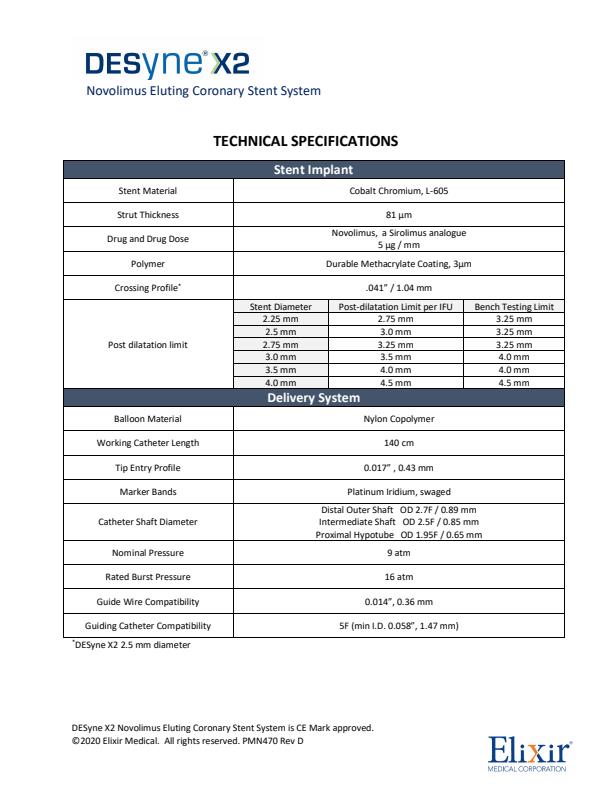 DESyne - Model X2 - Novolimus Eluting Coronary Stent System - Brochure