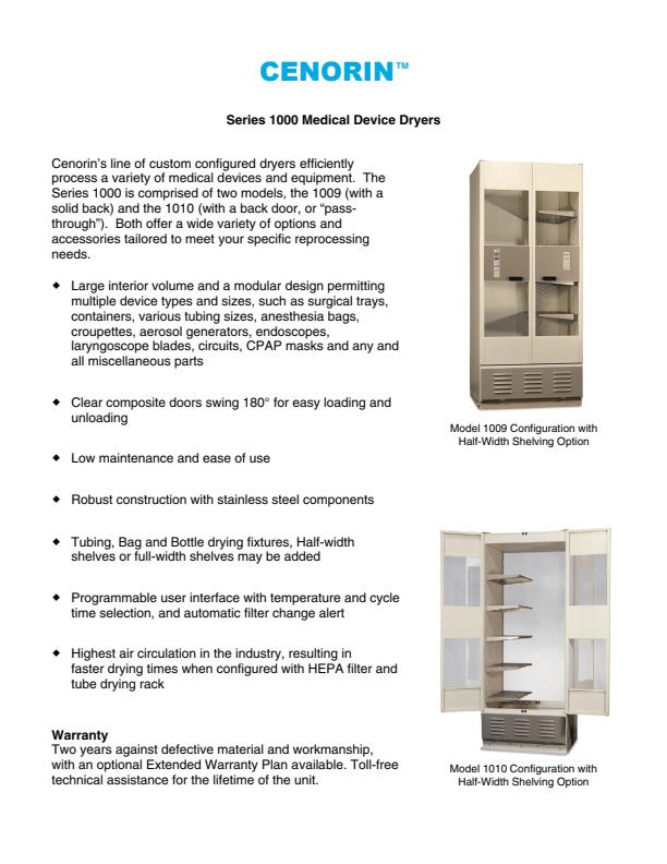 Cenorin Series 1000 Medical Device Dryers Datasheet
