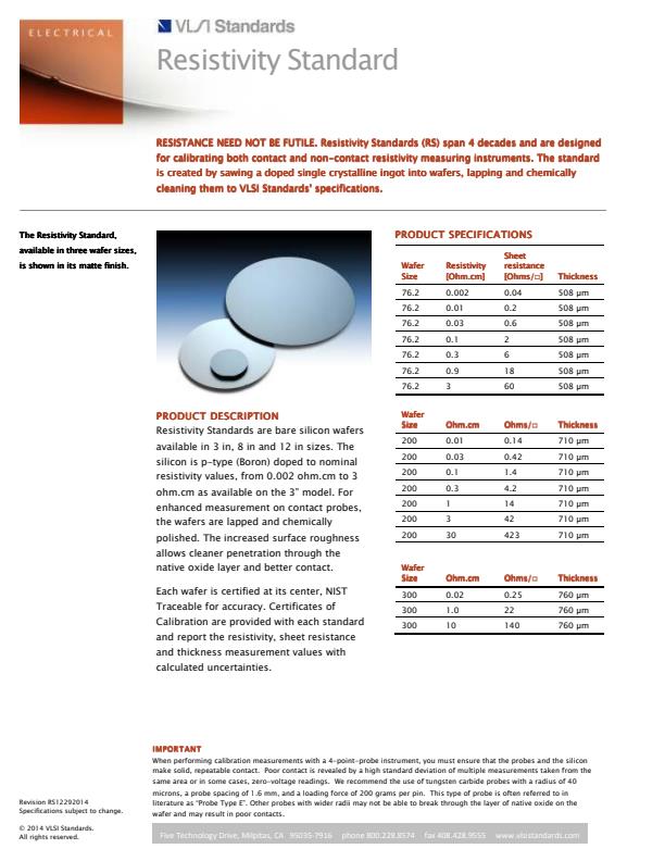 VLSI - Resistivity Standard (RS) Wafers - Brochure