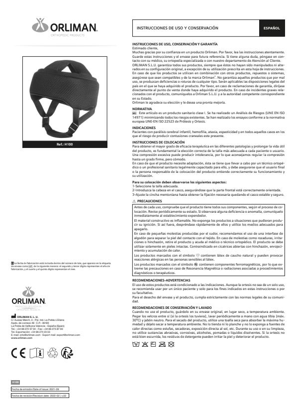 Orliman - Model H100/H101/H102 - Cranial Protection Helmet - Manual