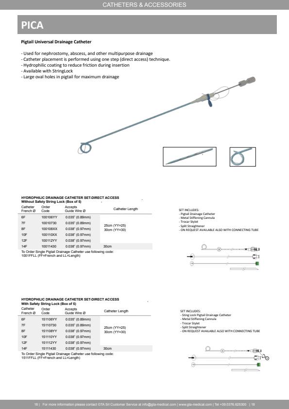 GTA - Model PICA Pigtail - Universal Drainage Catheter - Brochure