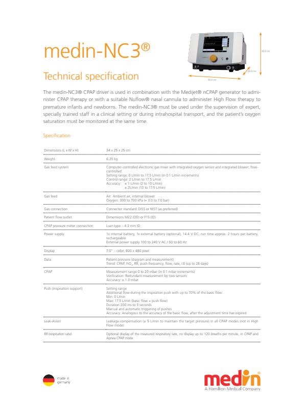Medin - Model NC3 - Turbine-Driven CPAP Device for Non-Invasive ...