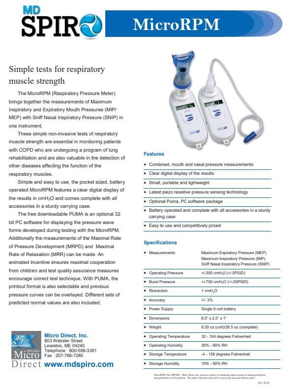 MDSpiro MicroRPM - Model RPM01 - Respiratory Pressure Meter - Brochure