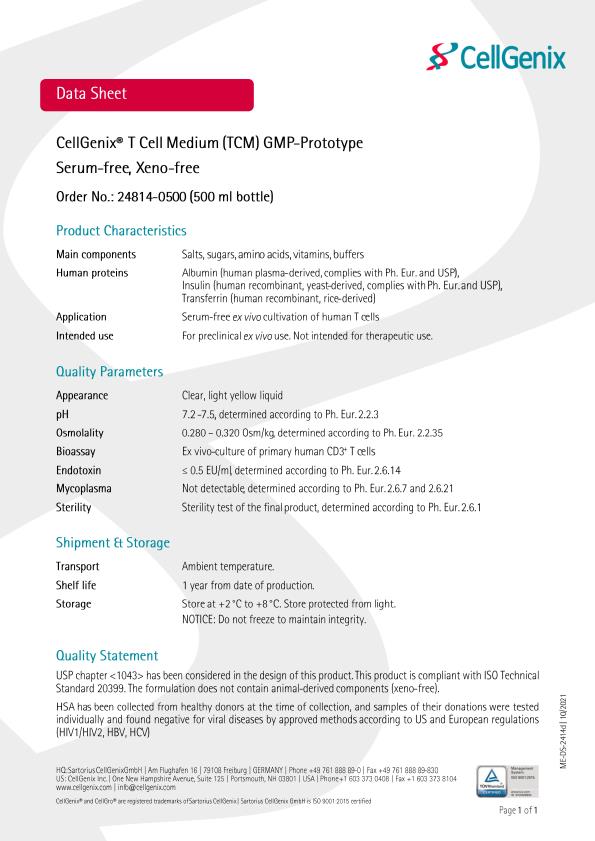 CellGenix - Model TCM GMP - Prototype Serum-Free Stem Cell - Brochure