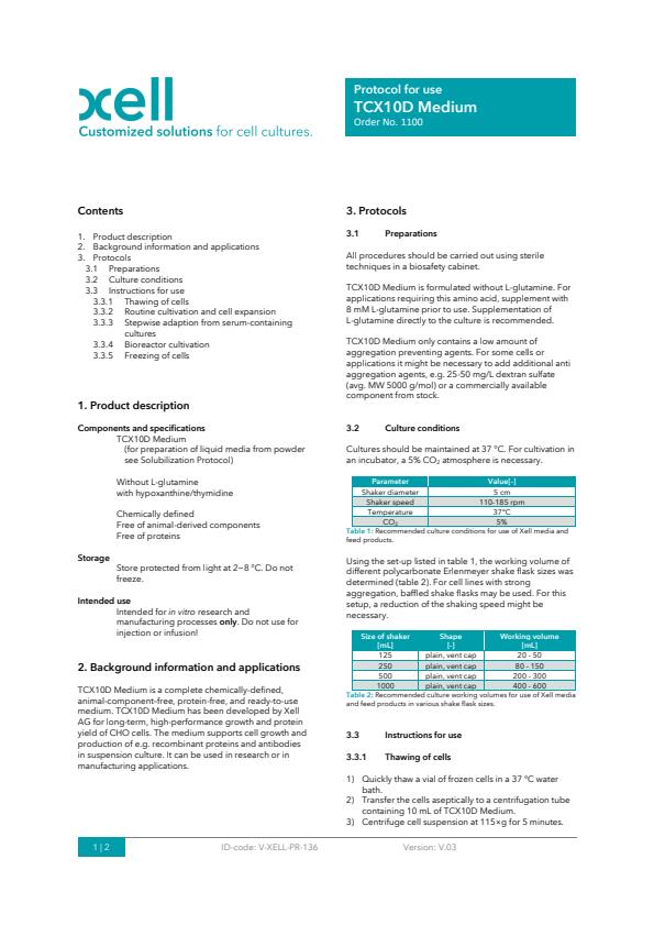 Xell - Model TCX10D Medium - CHO Cell Lines - Brochure