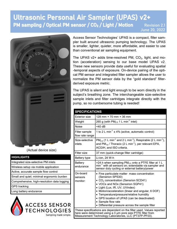 AST - Model UPAS v2+ - Ultrasonic Personal Air Sampler - Datasheet