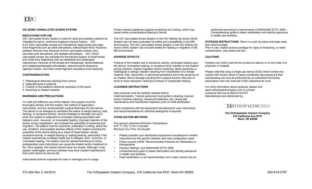 OIC - Bone Cannulated Screw System - Brochure