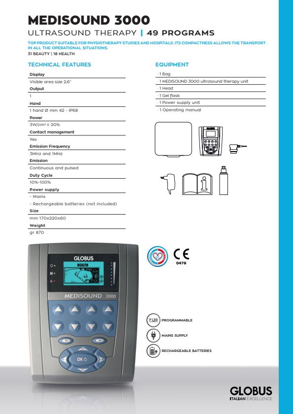 Globus - Model MEDISOUND 3000 - Ultrasound Therapy Device Datasheet