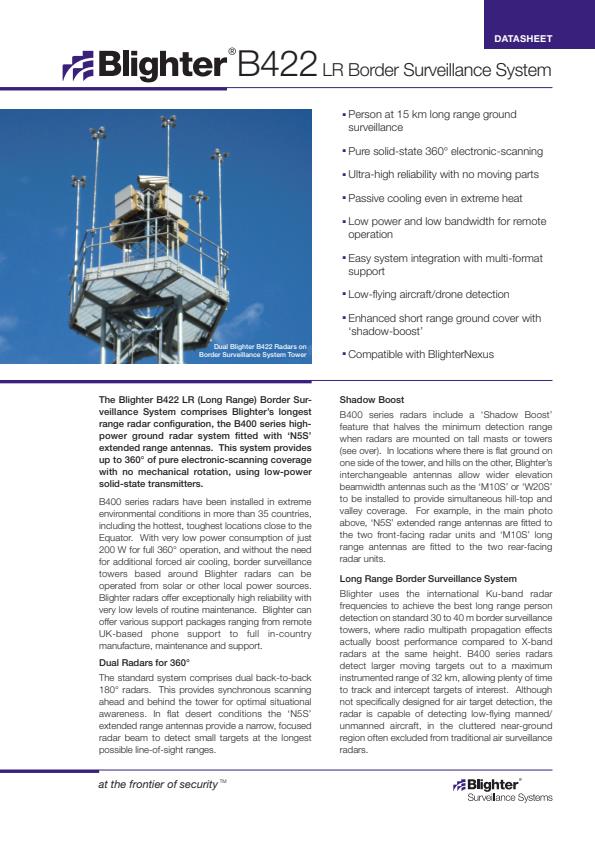 Blighter - Model B422 LR - Border Surveillance System Datasheet