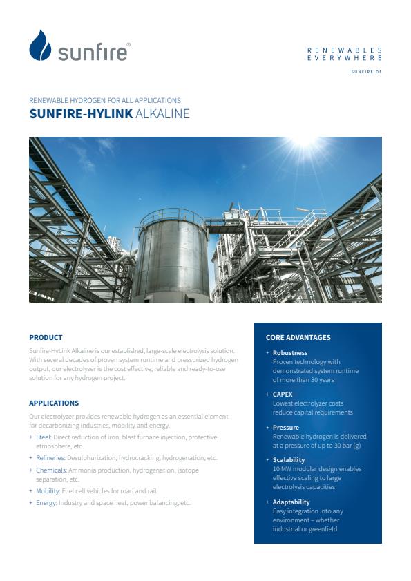 Sunfire Hylink - Alkaline Electrolyzer Datasheet