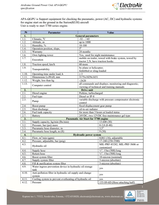 ElectroAir - Model APA-GPU - Airdrome Ground Power Unit - Brochure