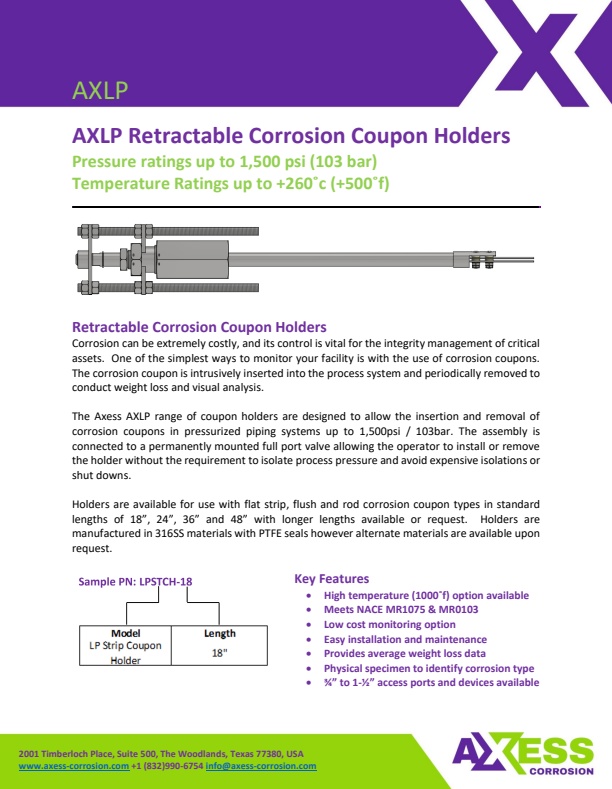 Axess - Model AXLP - Retractable Corrosion Coupon Holders - Brochure