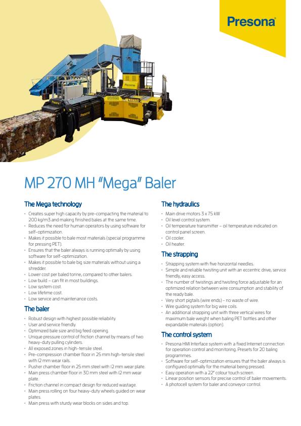 Presona - Model MP 270 MH - Mega - Baler for Recycling and Sorting ...