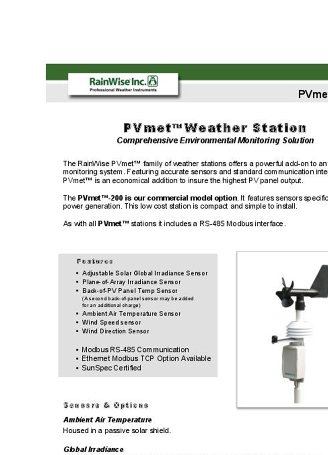 PVmet - 200 - Commercial Model Solar Panel Monitors Data Sheet
