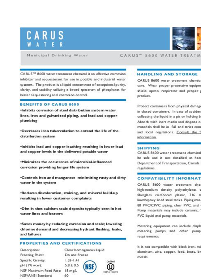CARUS 8600 Water Treatment Chemical - Datasheet