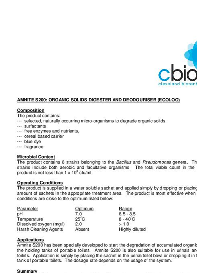 Amnite - S200 - Organic Solids Digester And Deodouriser (Ecoloo) Data Sheet