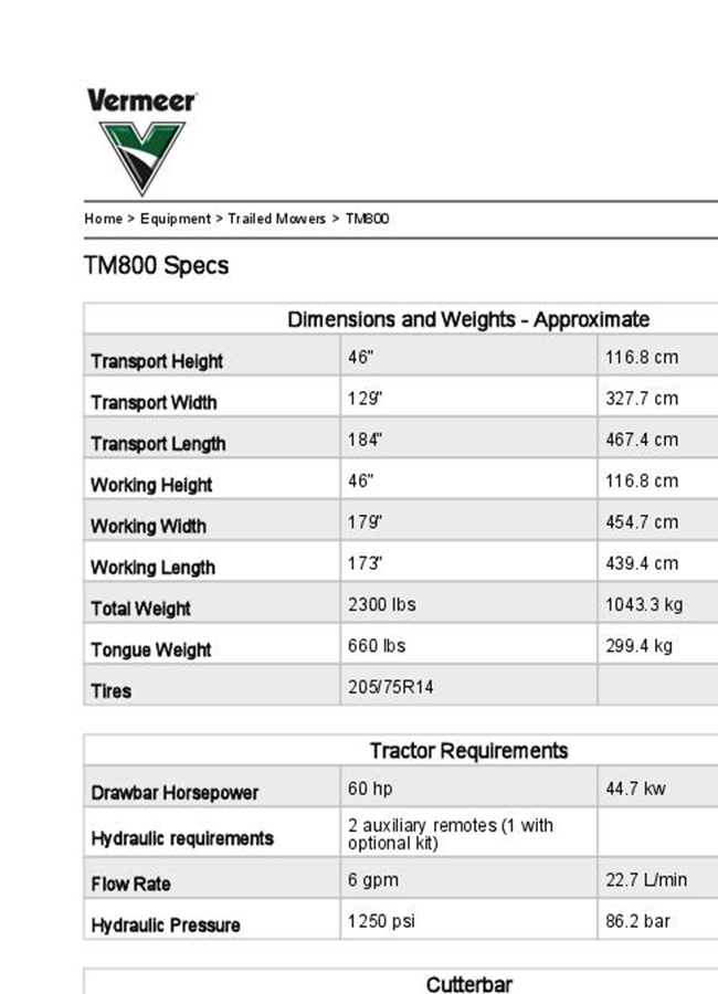 Vermeer - TM800 - Rebel Series Trailed Mower Specifications