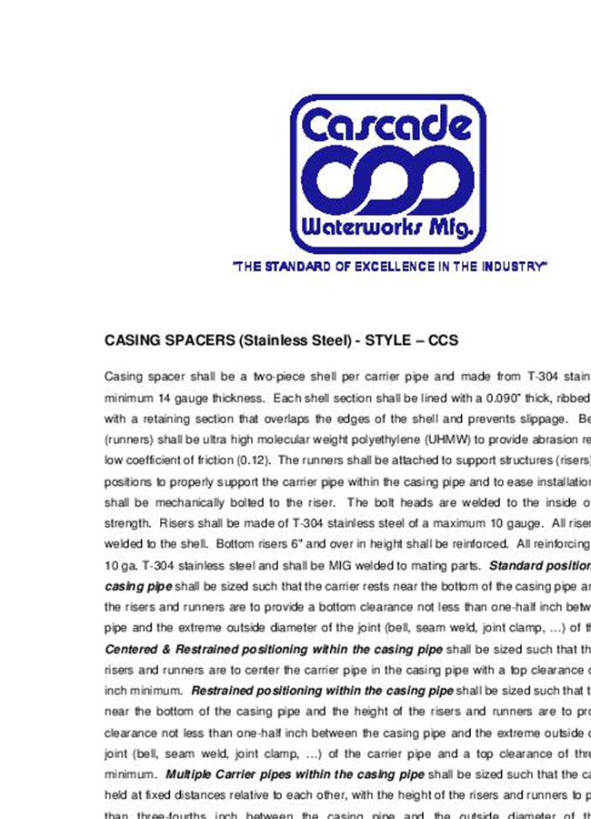 Cascade - Model CCS Series - Stainless Steel Casing Spacers - Brochure