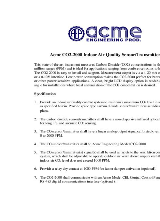 ACME - Model CO2-2000 Series - Carbon Dioxide Monitor- Specifications