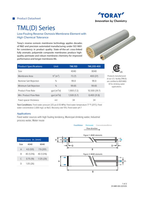 Toray - Model TML(D) Series- Low-Fouling Reverse Osmosis Membran - Brochure