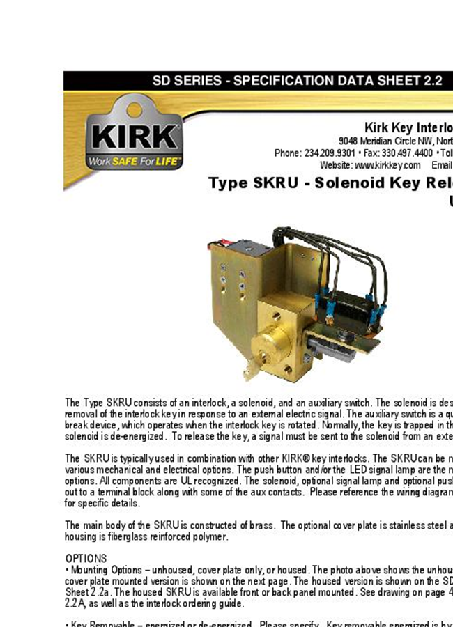KIRK - Model Type SKRU SD and HD Series - Solenoid Key Release Unit ...