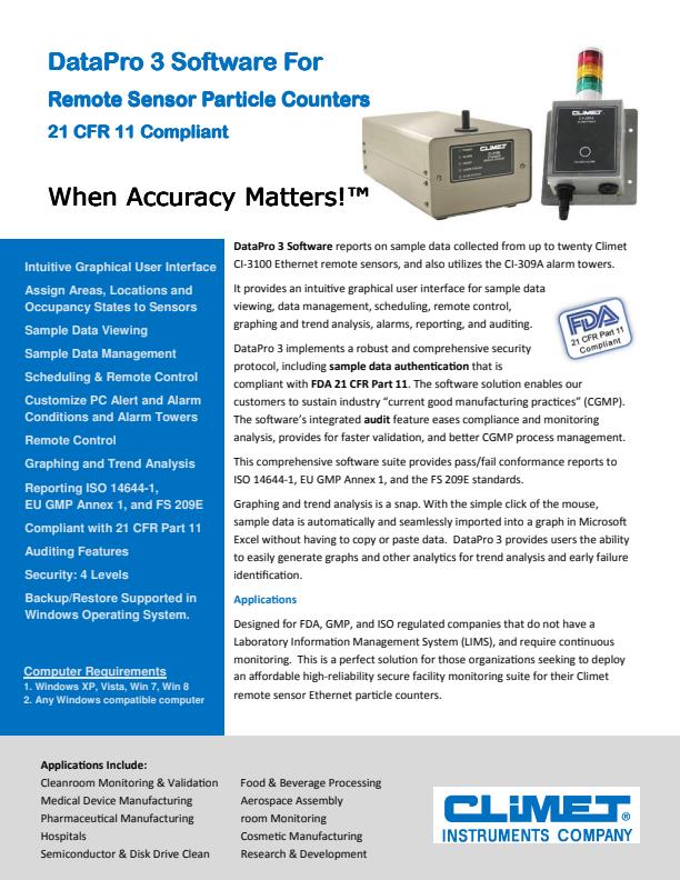 DataPro - Version 3.0 - Remote Sensor Particle Counters Software - Brochure
