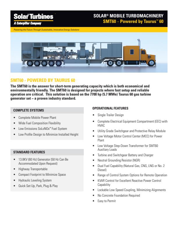 Solar - Model SMT60 - Solar Mobile Turbomachinery (SMT) - Datasheet