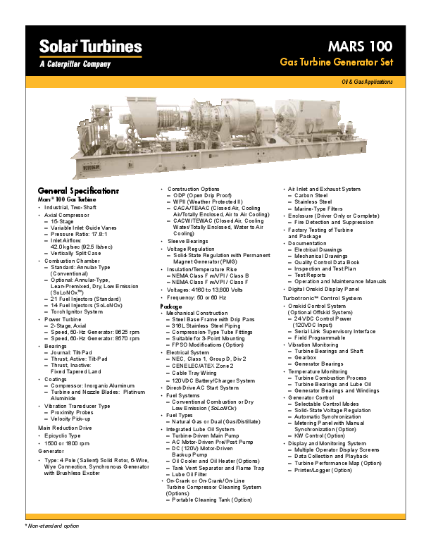 Mars 100 Gas Turbine Generator Set - Data Sheet