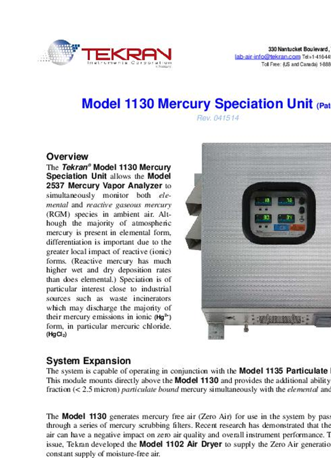 Tekran - Model 1130 - Oxidized Mercury Speciation Unit - Brochure