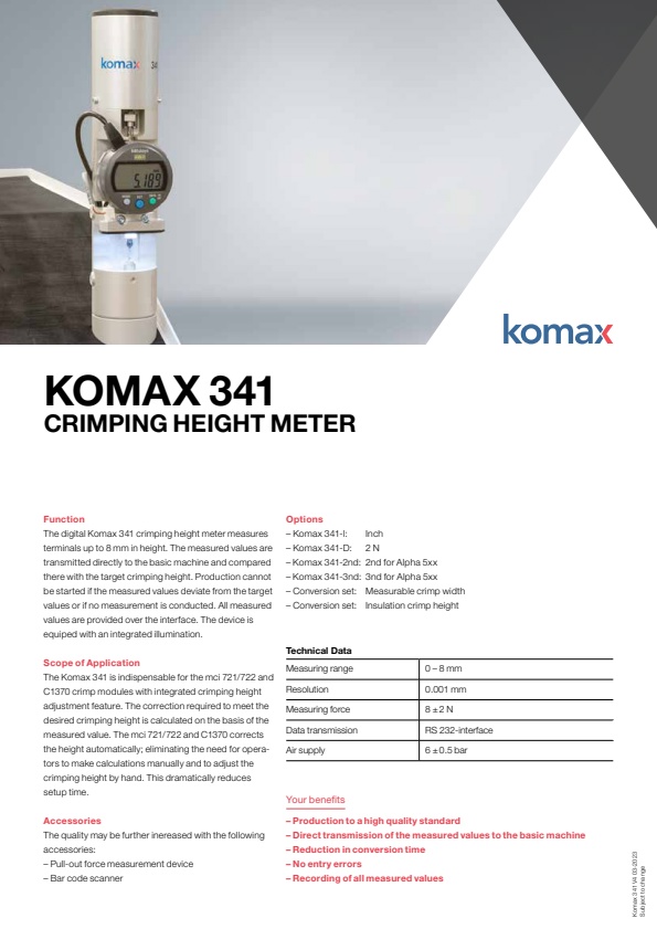 Komax - Model 341 - Crimping Height Meter - Brochure