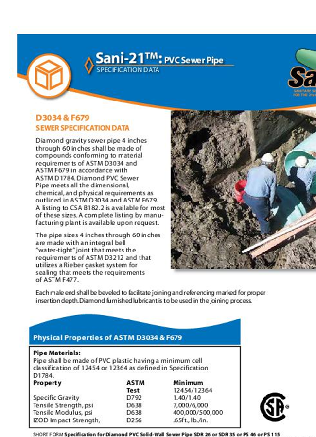 SANI - Model 21 F679 - Solid Wall PVC Sewer Pipe Brochure