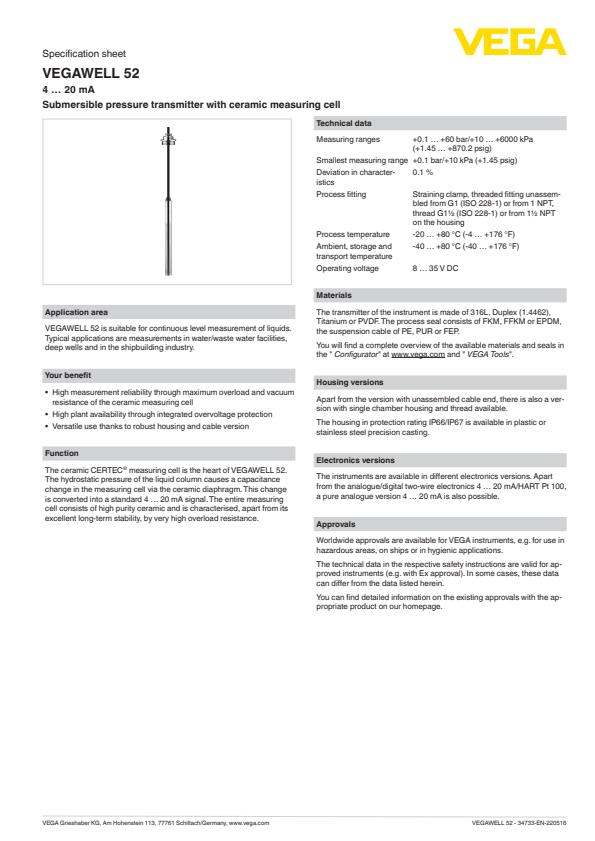 VEGAWELL - Model 52 - Submersible Pressure Transmitter with Ceramic ...