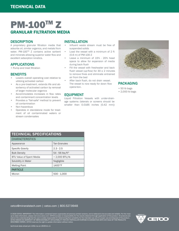 CETCO - Model PM-100 Z - Granular Filtration Media - Datasheet
