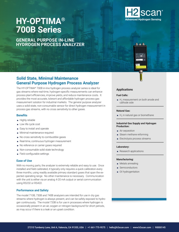 H2scan - Model HY-OPTIMA 700B Series - Process Hydrogen Analyzer -Brochure