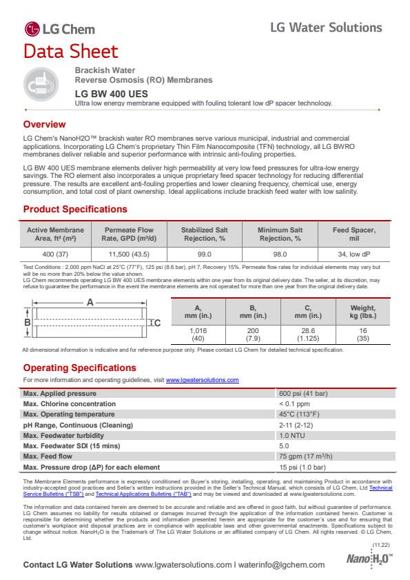 LG - Model BW 400 UES - Brackish Water Reverse Osmosis Membrane (BWRO ...