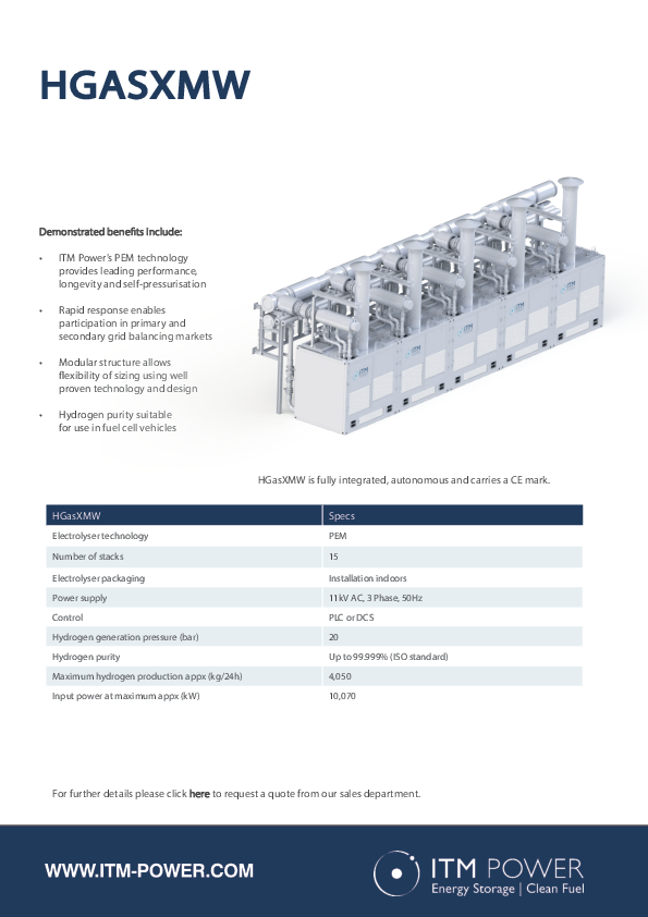 ITM - Model HGasXMW - Large Electrolyser System - Datasheet