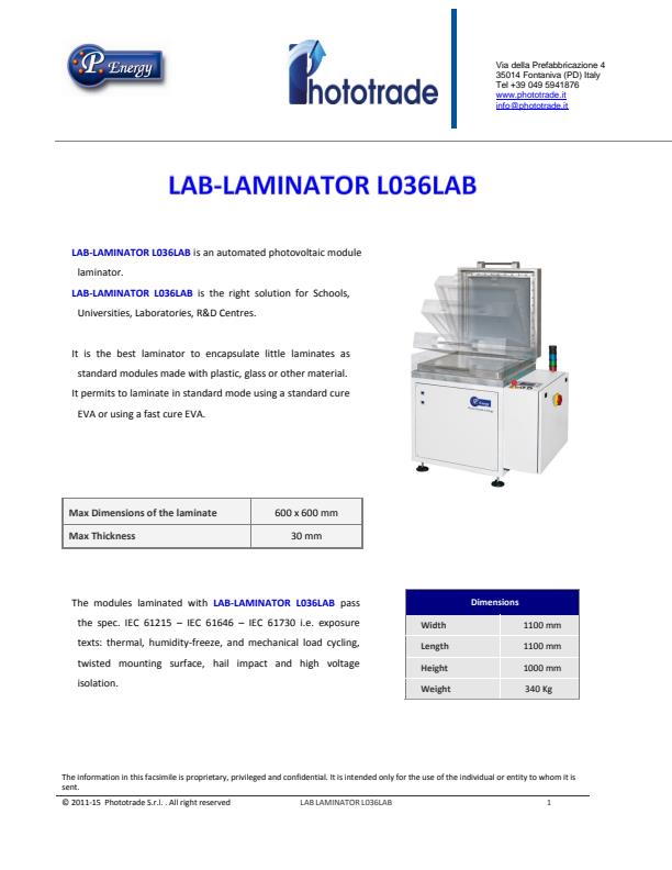 PEnergy LAB-LAMINATOR - Model L036LAB - Automated Photovoltaic Module ...