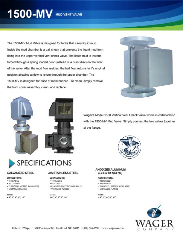 Wager - Model 1500-MV - Mud Vent Valve - Brochure