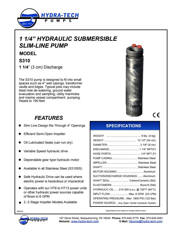 Slim-Line S310 1 1/4 Inch Hydraulic Submersible Slim-Line Pump ...