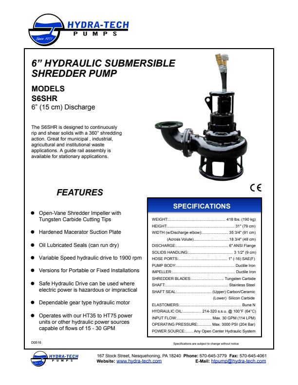 Hydra-Tech - Model S6SHR -6 Inch Hydraulic Submersible Shredder Pump ...