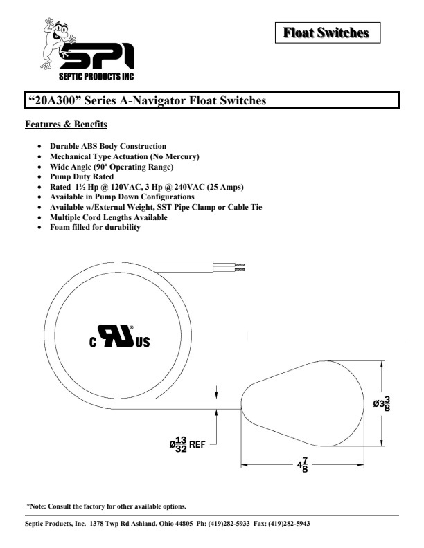 SPI - Model A-20A301 - Navigator Float Switch - Brochure