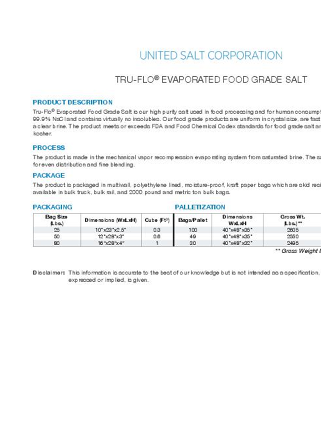 Tru-Flo - Evaporated Food Grade Salt - Datasheet