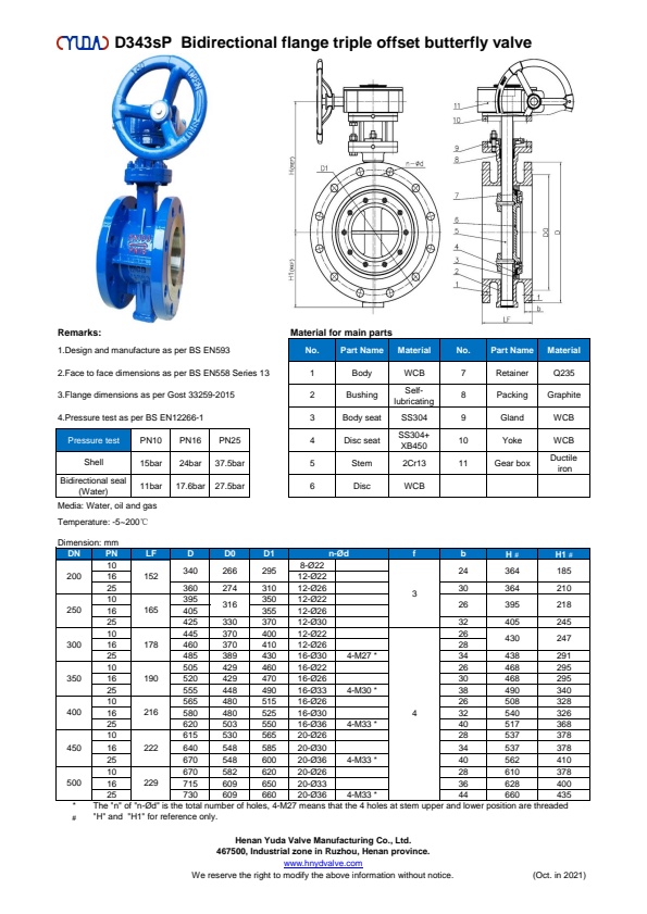 Yuda - Model DN200-500 - Bidirectional Flange Triple Offset Butterfly ...