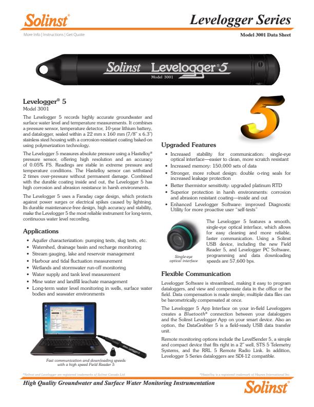 Solinst 3001 Levelogger 5 Series - Data Sheet